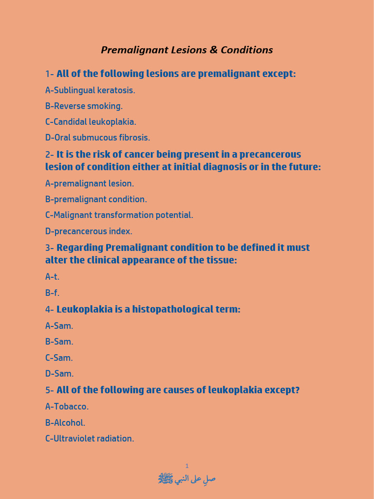 Premalignant Lesions MCQ & ANS | PDF | Medical Specialties | Diseases ...