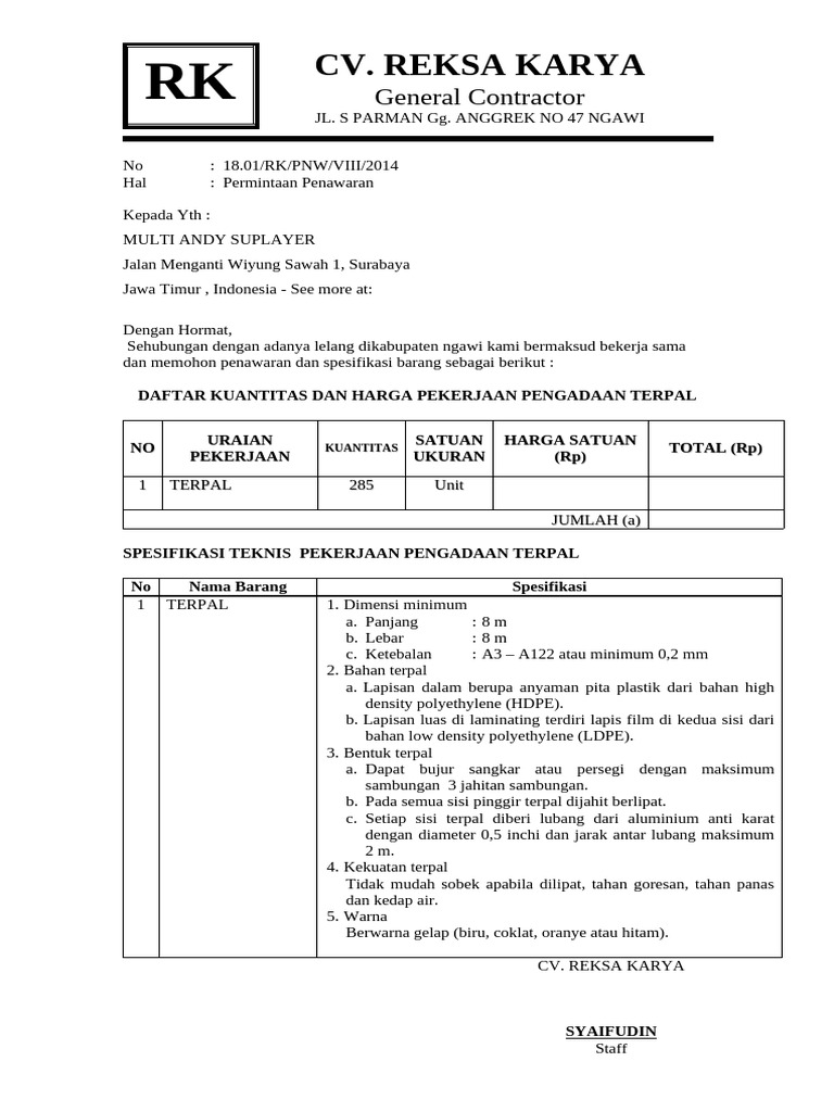 Surat Permintaan Penawaran Harga | PDF