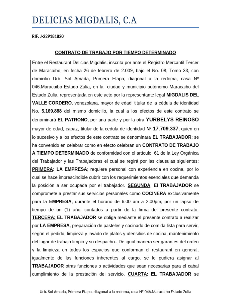 Contrato de Trabajo Por Tiempo Determinado Flaca | PDF