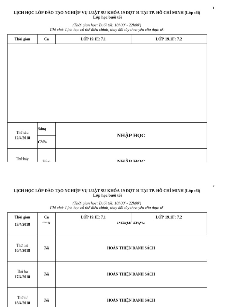 Lich LS 19.1 Hoc Buoi Toi Tai TPHCM | PDF