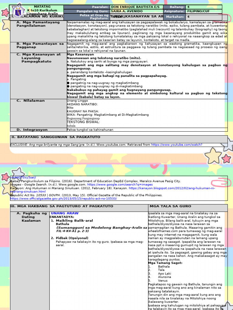 DLL Matatag - Filipino 4 Q4 W1 | PDF