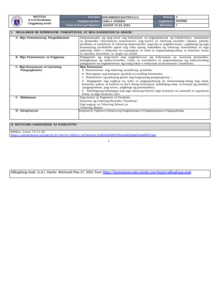 DLL Matatag - Filipino 4 q1 w3 | PDF