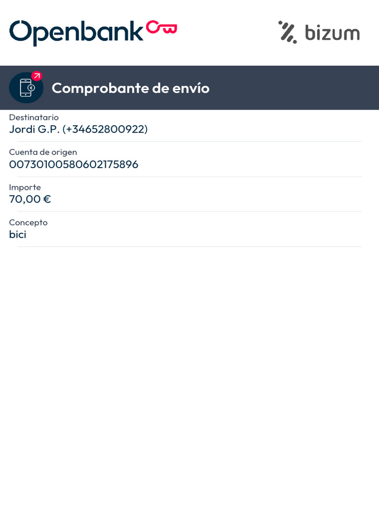 Comprobante de Envío: Jordi G.P. (+34652800922) 00730100580602175896 70,00 Bici | PDF