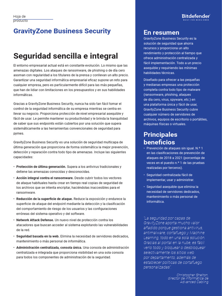 Bitdefender GravityZone Business Security Datasheet Es | PDF | Seguridad | La seguridad informática
