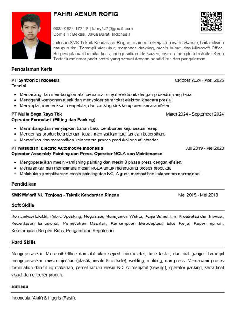 CV Fahri Aenur Rofiq Ats 2025 | PDF