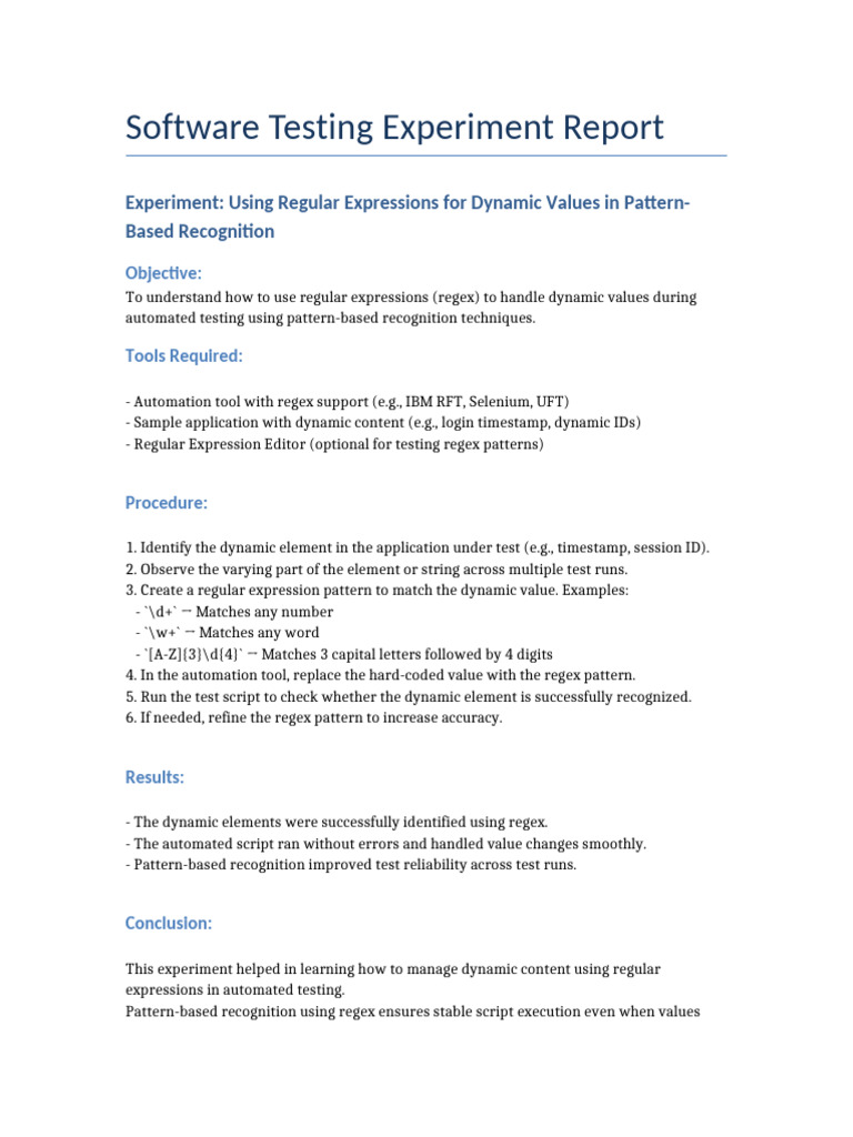 Regex Dynamic Values Testing Experiment | PDF
