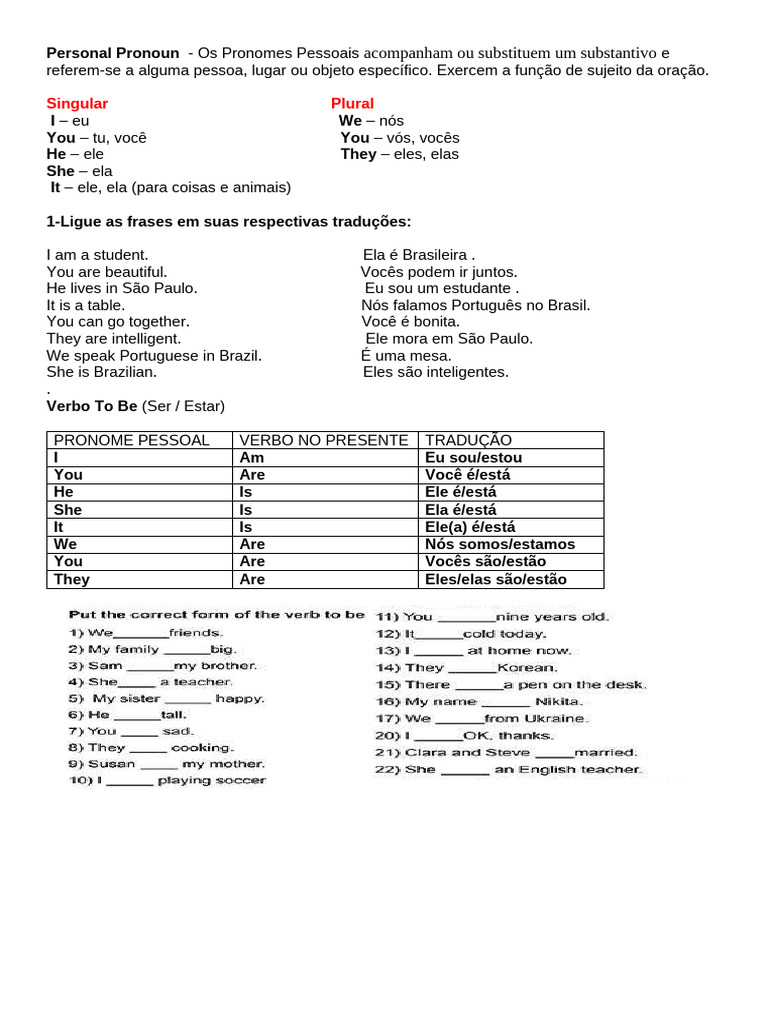 Personal Pronoun - Verbo To Be | PDF | Sintaxe | Morfologia linguística
