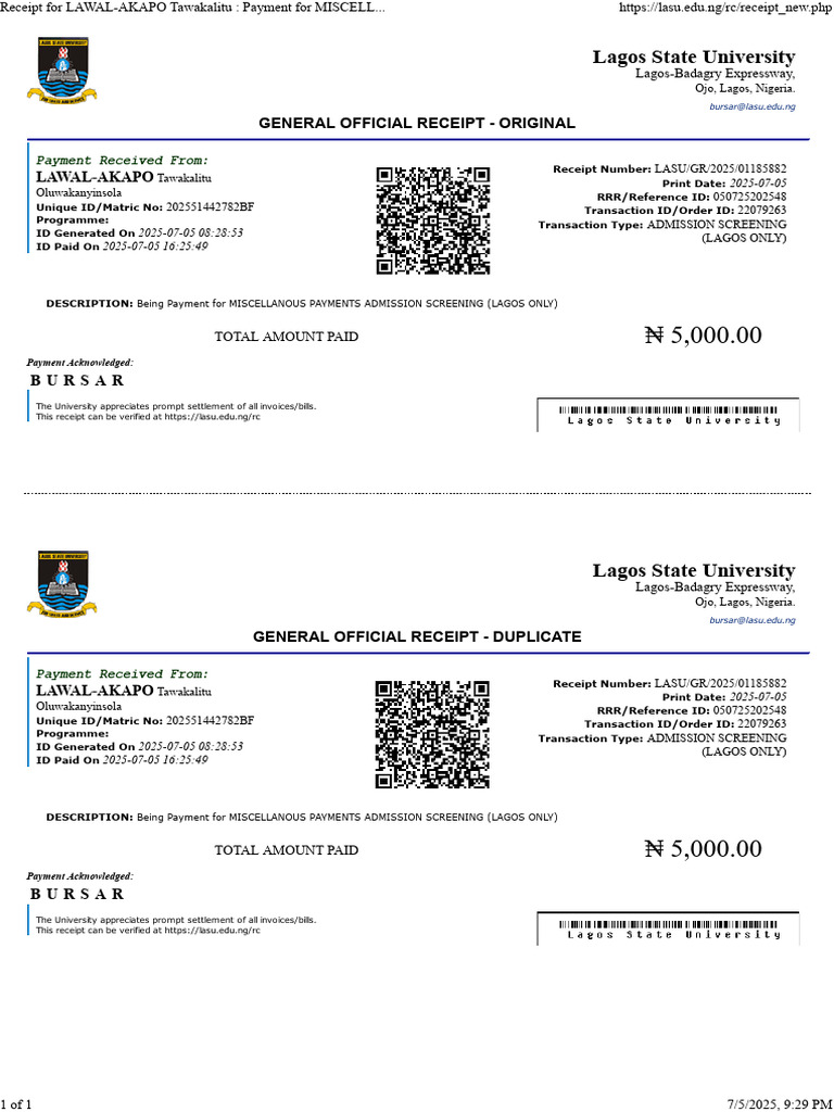 LASU Admission Screening Payment Receipt | PDF | Receipt | Payments