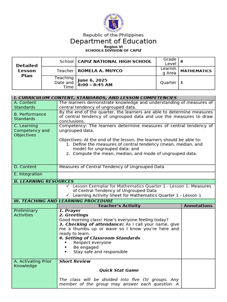 Capiz Division Romela A Muyco LP | PDF | Arithmetic Mean | Median