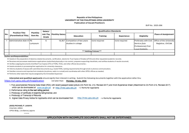 Bulletin of Vacant Position 2025 006 Administrative Aide VI | PDF