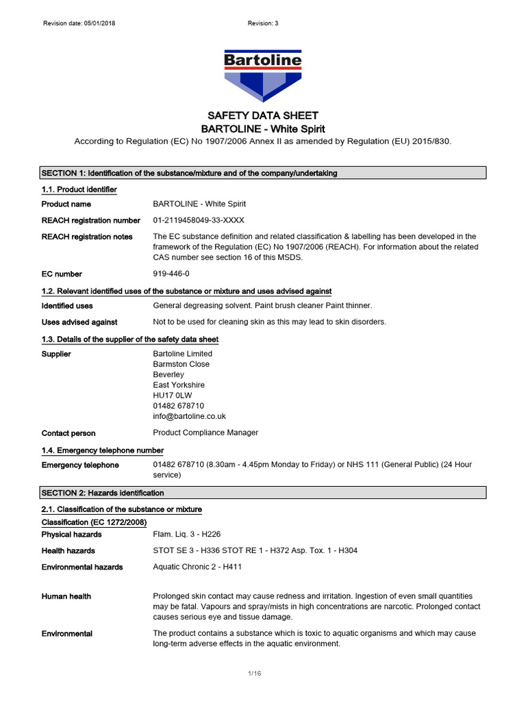 Bartoline White Spirit Sds4652 | PDF | Dangerous Goods | Waste