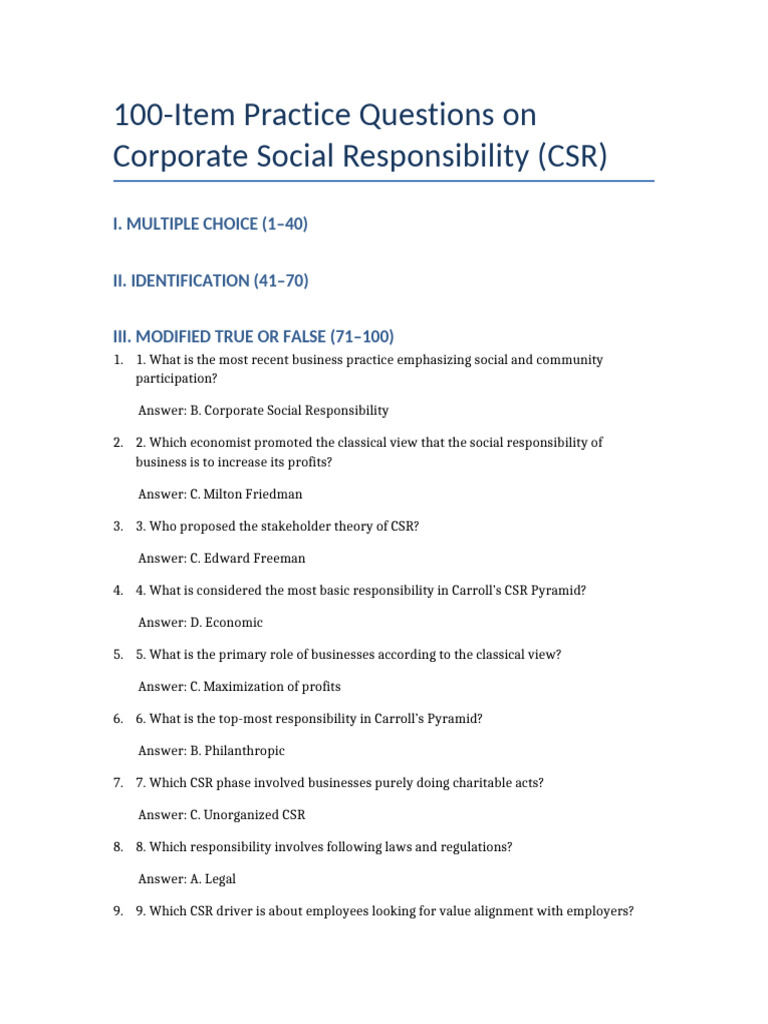 CSR Practice Questions and Concepts | PDF | Corporate Social ...