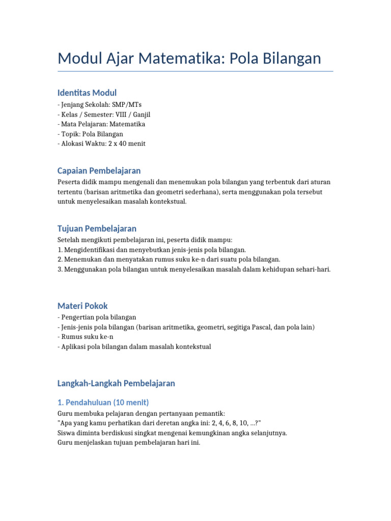 Modul Ajar Matematika Pola Bilangan | PDF