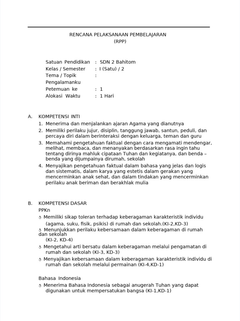 PDF RPP SD Kelas 1 Semester 2 Pengalamanku Compress | PDF