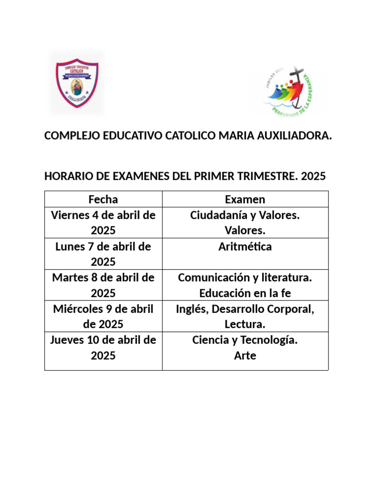 Horario de Examenes. Cuarto Grado.-1 | PDF