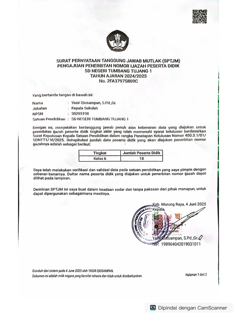 SPTJM Kelulusan SDN Tumbang Tujang 1 | PDF