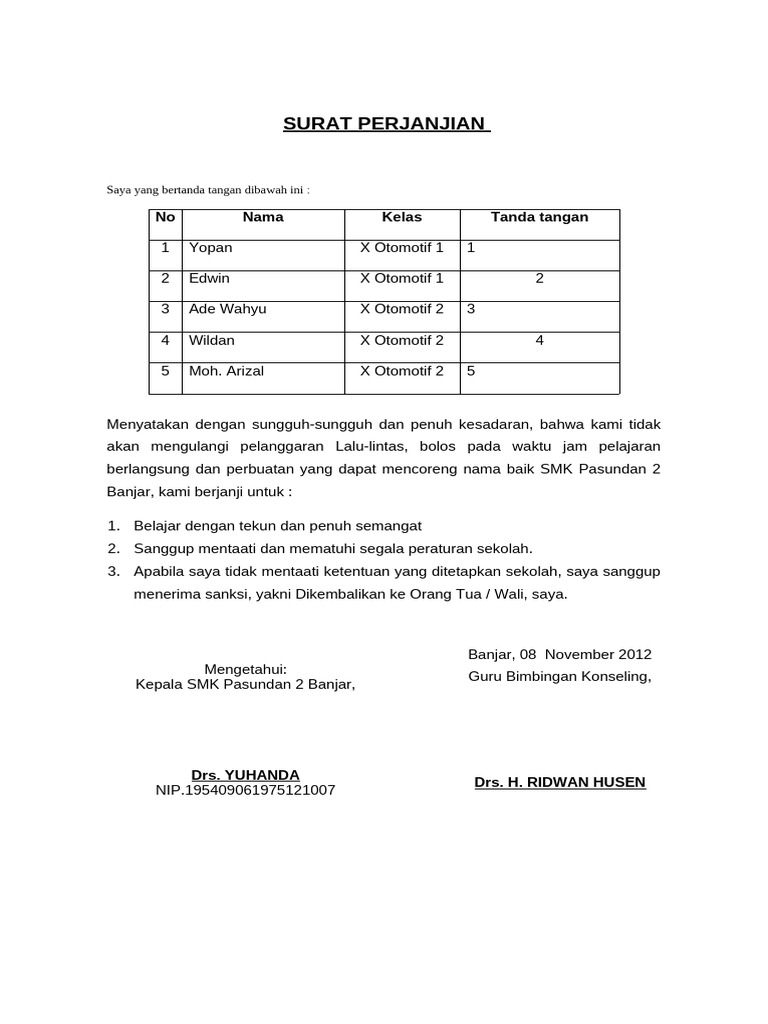 Surat Pernyataan Perjanjian Siswa | PDF