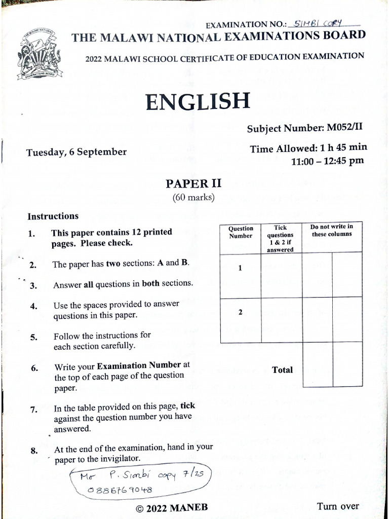2022 Msce English P. 2 | PDF