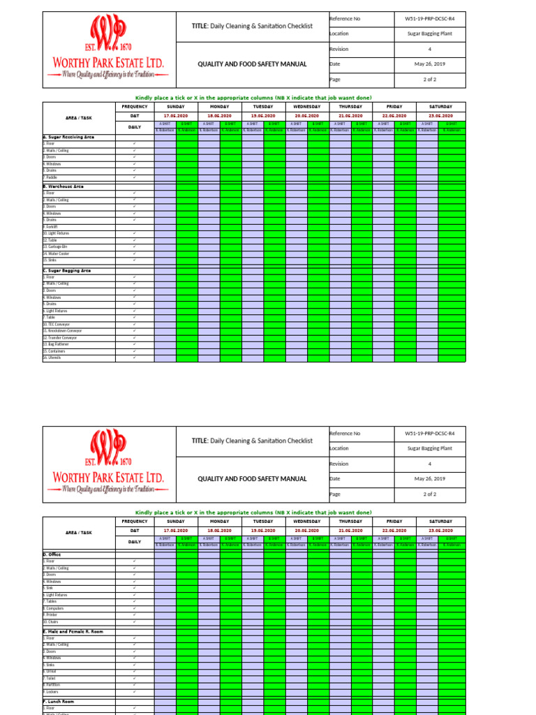 Warehouse Sanitation Checklist | PDF