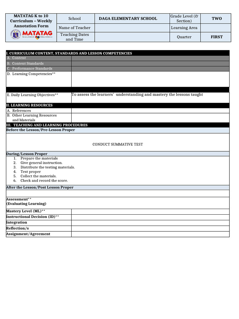 MATATAG Daily Annotation Form Template LP | PDF