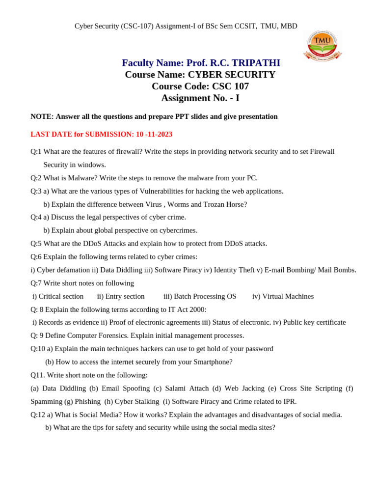 Cyber Security - CSC-107 - ASSIGNMENT | PDF