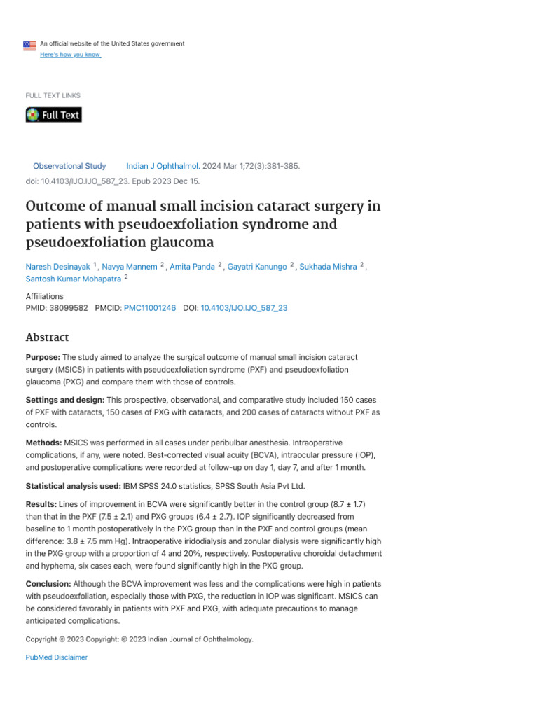 Outcome of Manual Small Incision Cataract Surgery in Patients With ...