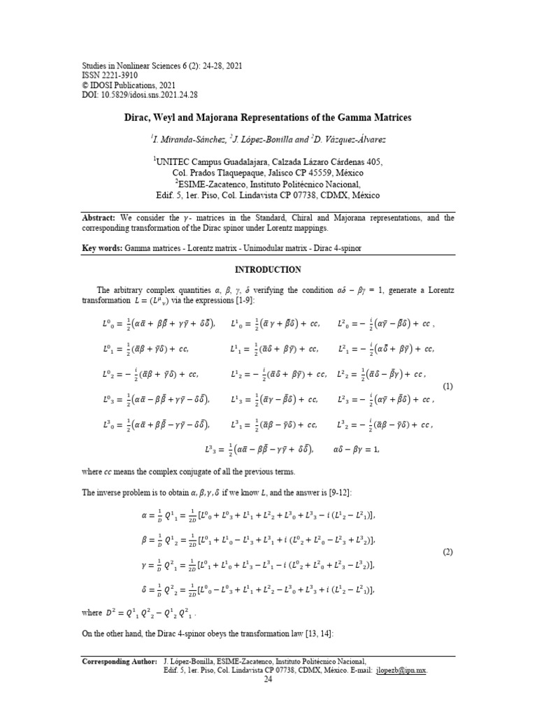 Dirac, Weyl and Majorana Representations of The Gamma Matrices - 3 | PDF | Physics | Theoretical ...