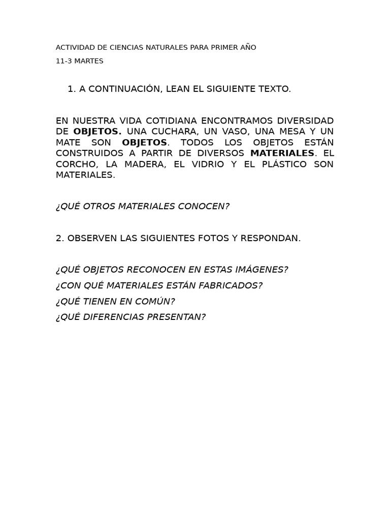 1- Actividad de Ciencias Naturales Para Primer Año | PDF