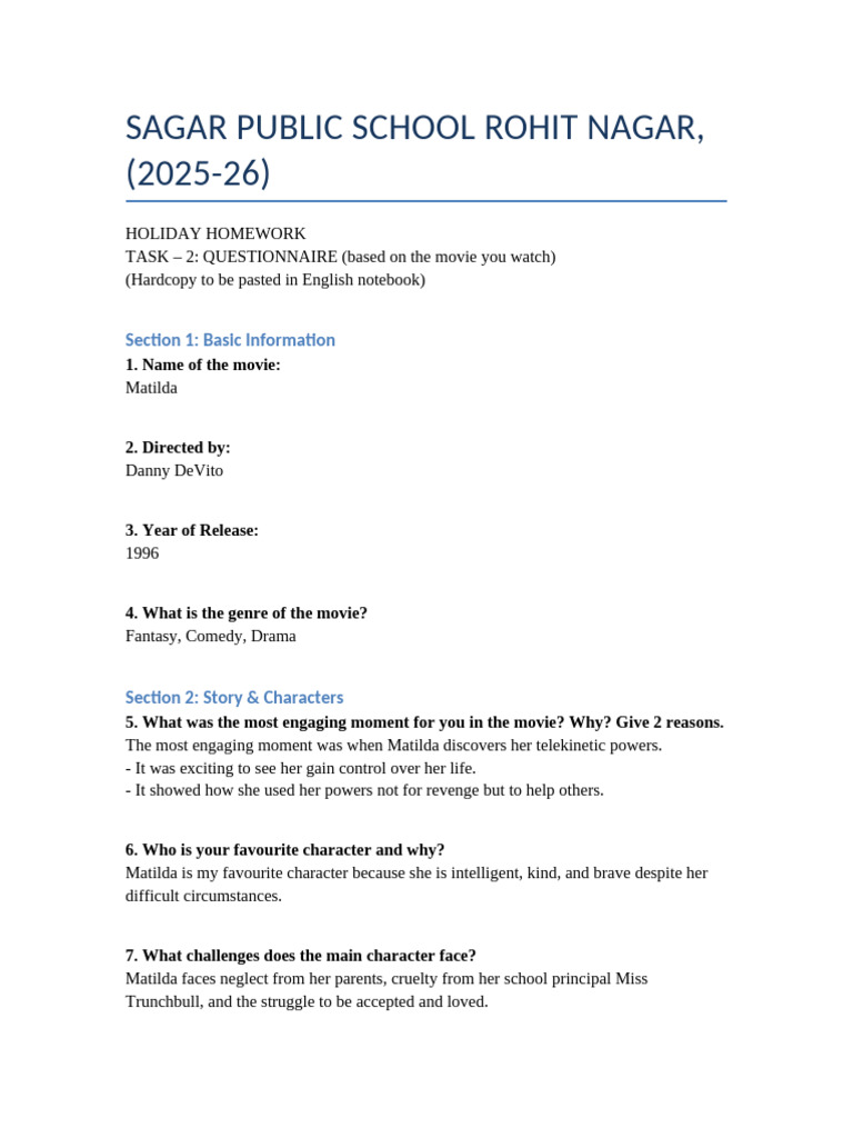 Matilda Movie Questionnaire Homework | PDF