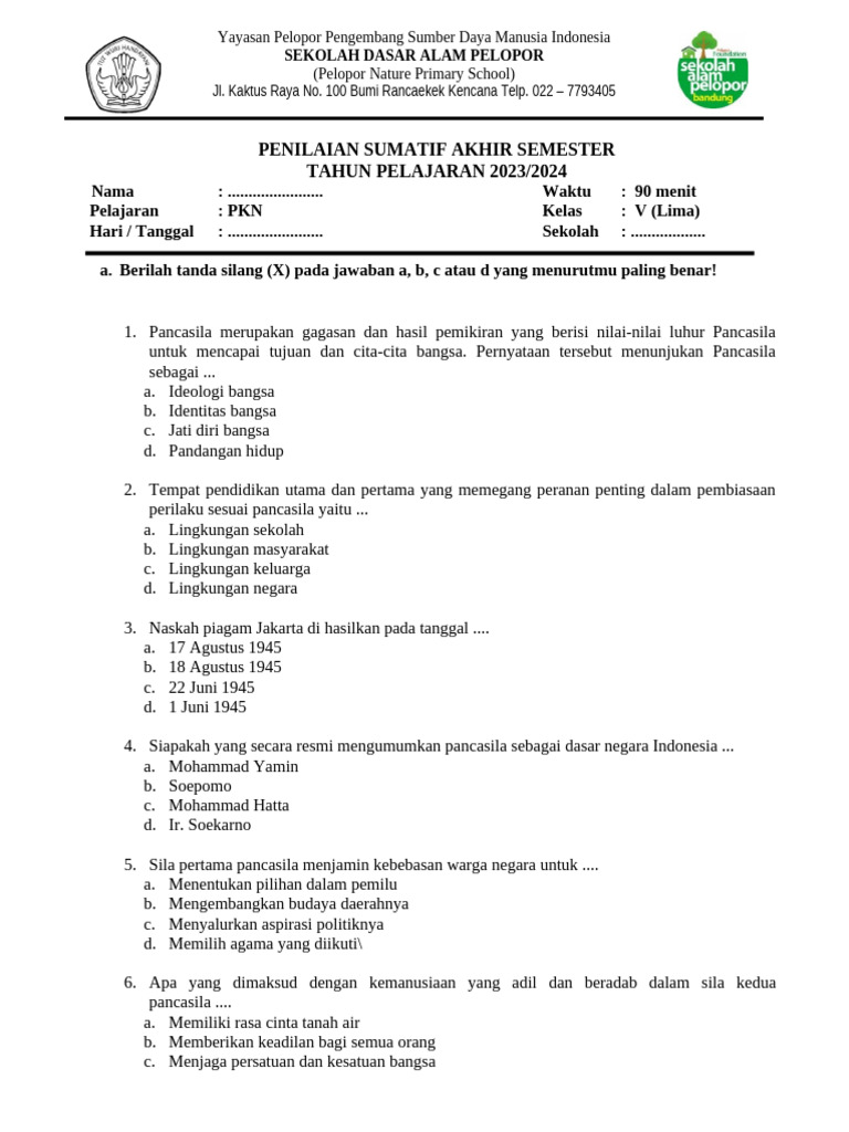 Soal PTS PKN Kelas 5 Fix | PDF