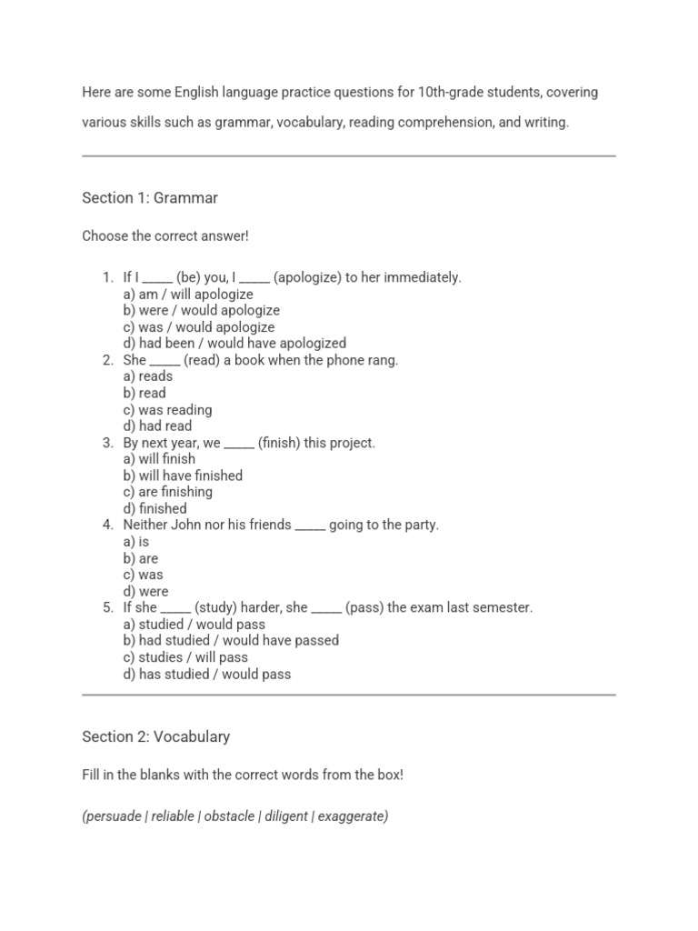 Section 1: Grammar: (Persuade - Reliable - Obstacle - Diligent - Exaggerate) | PDF | Learning ...