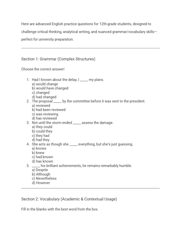 Advanced English Practice for 12th Grade | PDF | Postcolonialism | Essays
