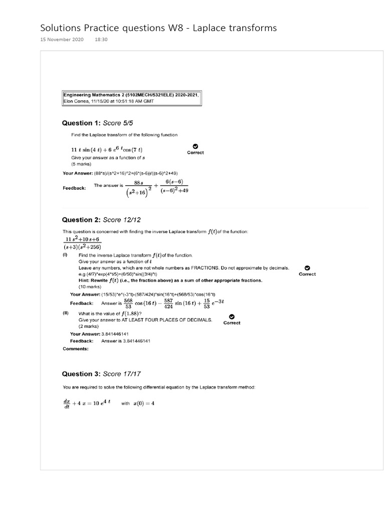 Solutions Tutorial 7 - Laplace Transforms | PDF
