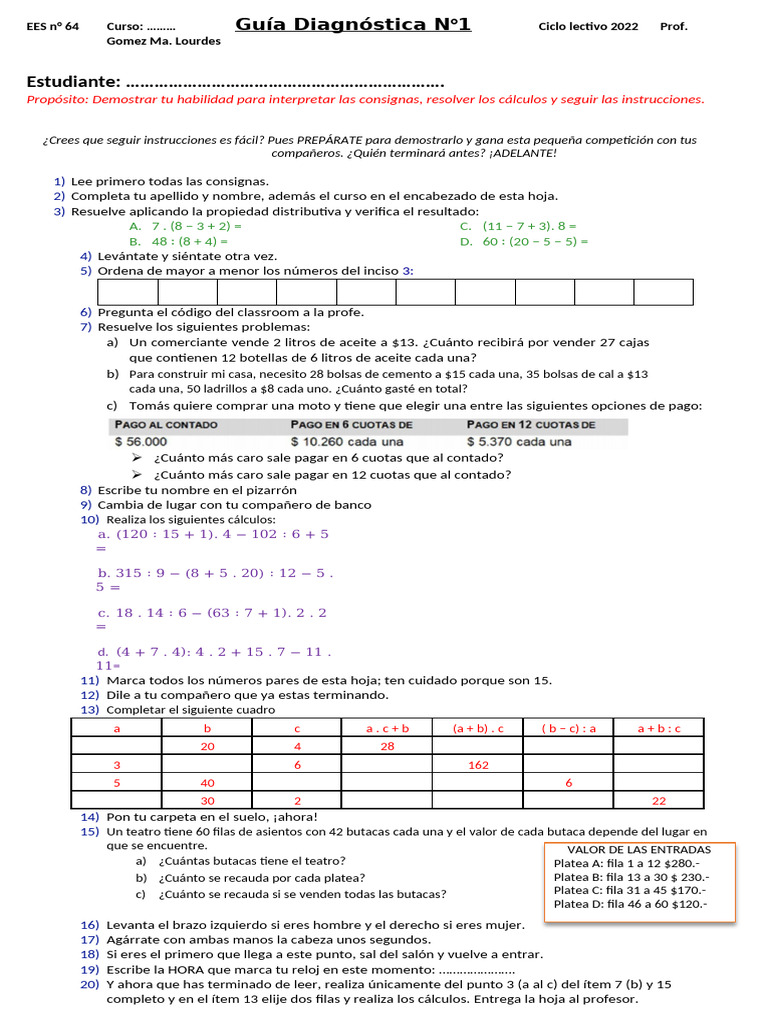 Actividad Dianóstica 1 2do Mat Integrados | PDF