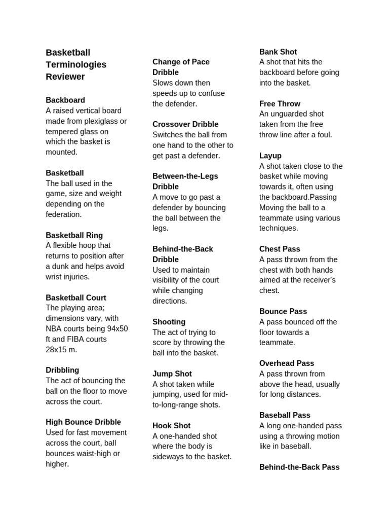 Basketball Terminologies Reviewer | PDF | Team Sports | Sports