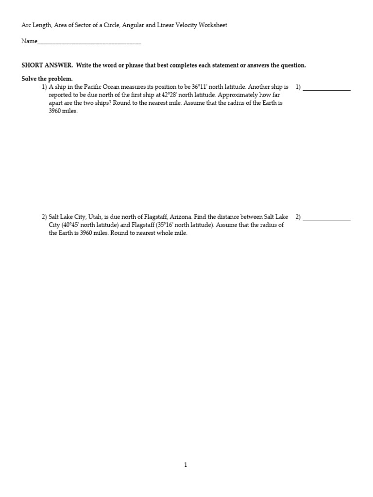 Arc Length and Velocity Problems Worksheet | PDF | Natural Satellite ...