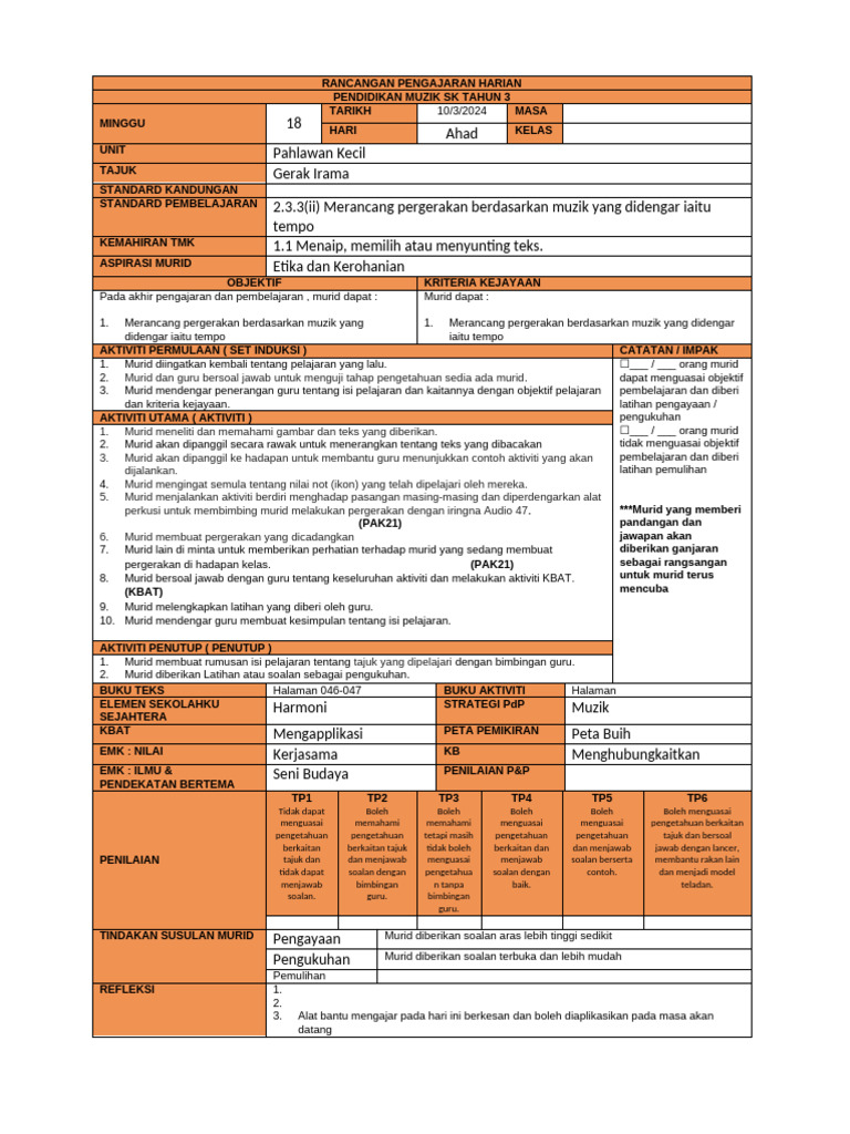 m18 RPH Pendidikan Muzik THN 3 2024-2025 by Cikgu Gorgeous | PDF