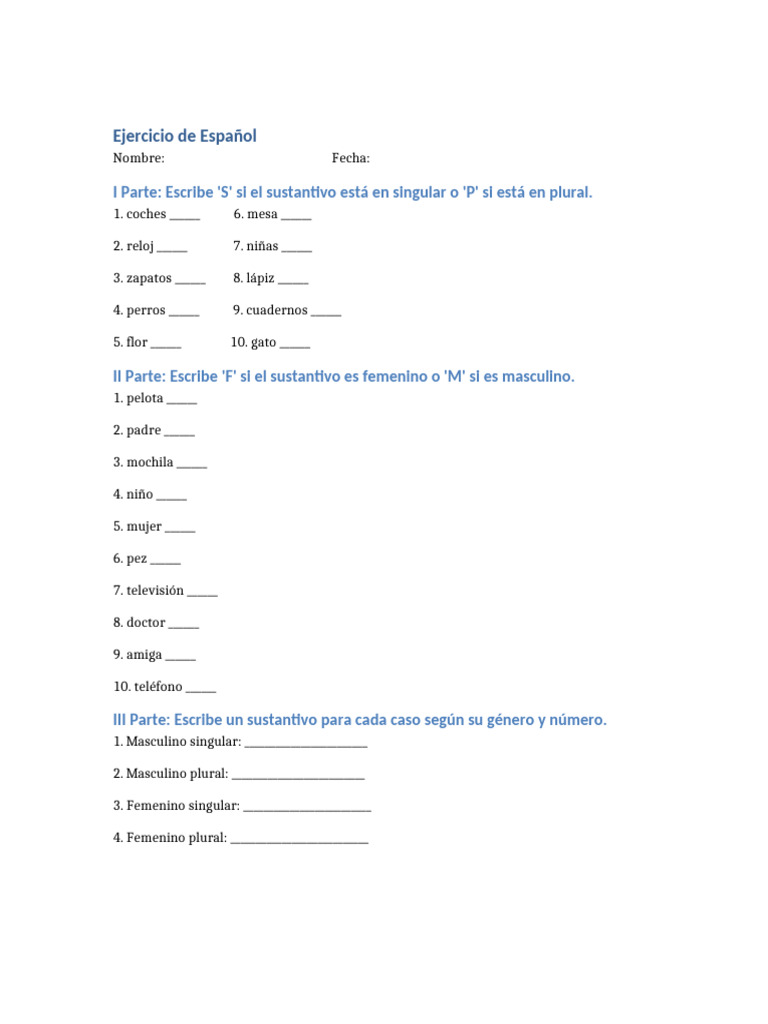 Ejercicio Espanol Genero Numero | PDF
