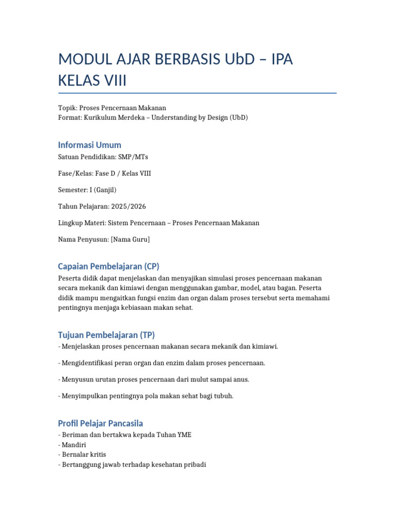 Modul UbD Proses Pencernaan Kelas8 | PDF