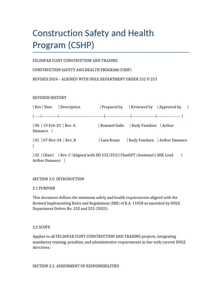 Revised CSHP Dole 252 253 | PDF | Occupational Safety And Health