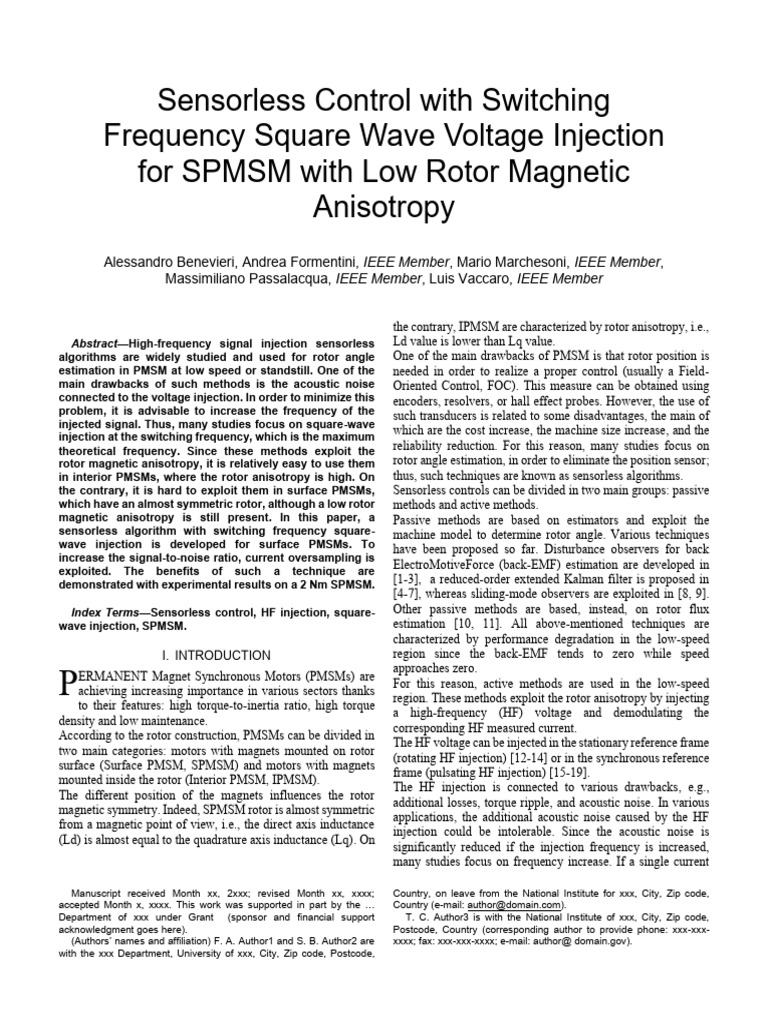 Sensorless Control With Switching Frequency Square Wave Voltage Injection For SPMSM With Low ...