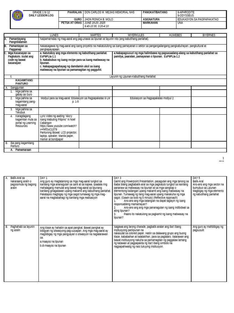 Esp 9 DLL Q1 WK 1 | PDF