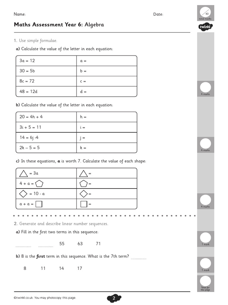 Fri 16 Nov Year 6 Maths Assessment Algebra Ver 1 Removed | PDF | Area | Equations
