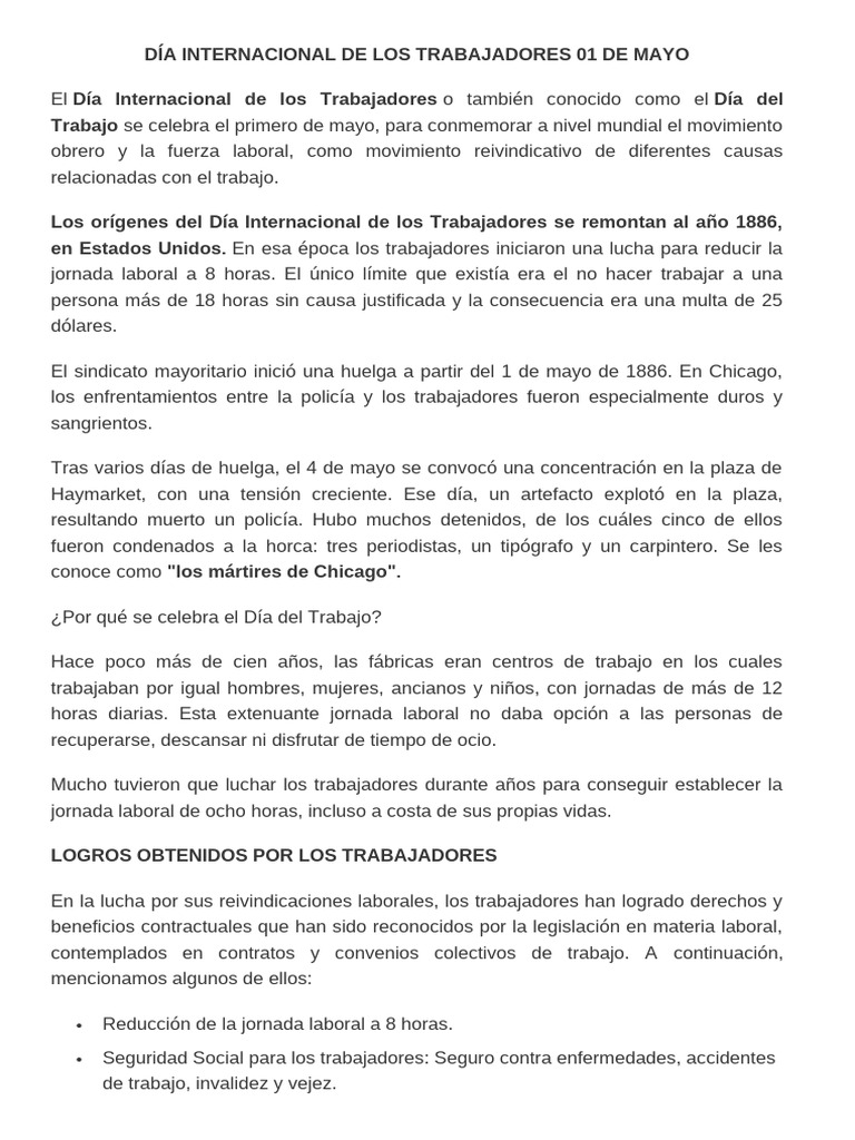 Día Internacional de Los Trabajadores 01 de Mayo | PDF | Derecho ...