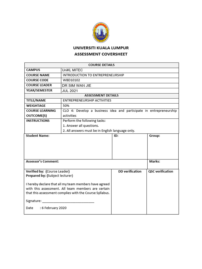 Rubric - Assessment Entrepreneurship Activities - 50 | PDF ...