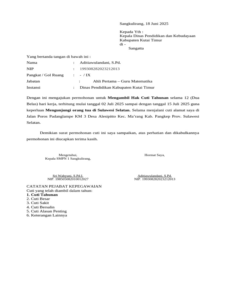 Permohonan Cuti Tahunan PNS 2025 | PDF