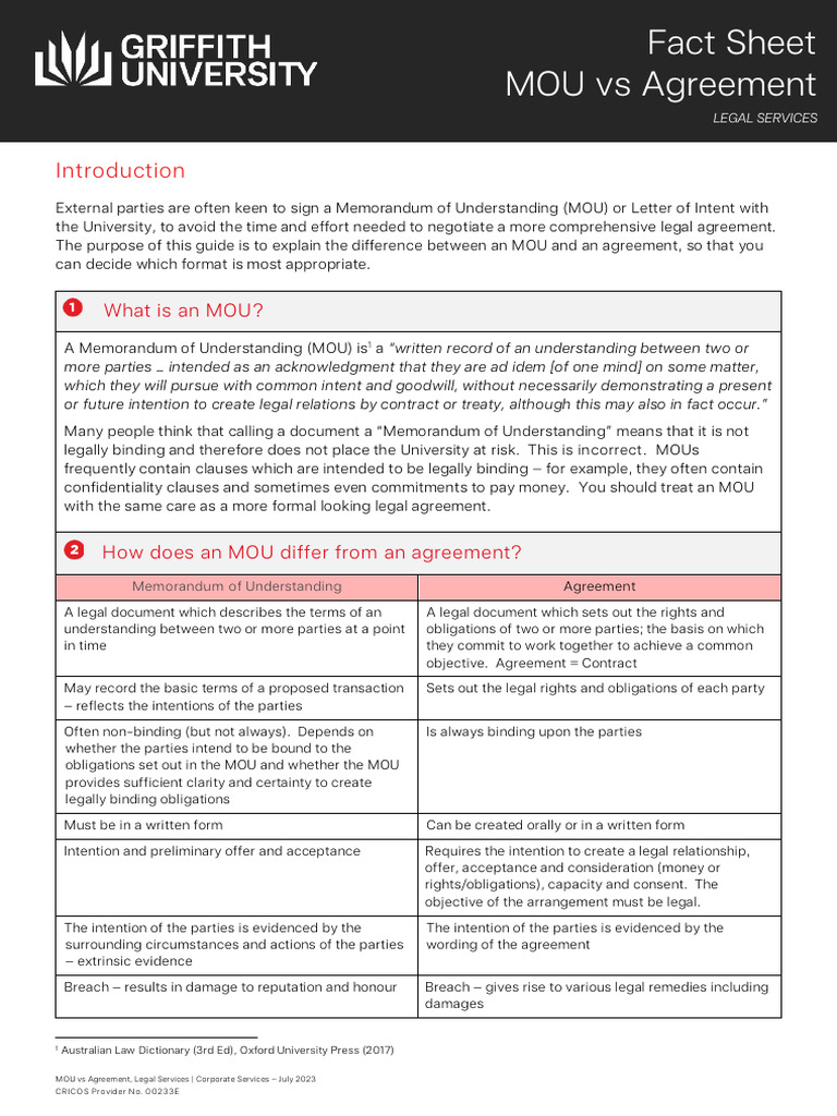 Fact Sheet MOU Vs Agreement Jul23 | PDF | Memorandum Of Understanding | Breach Of Contract