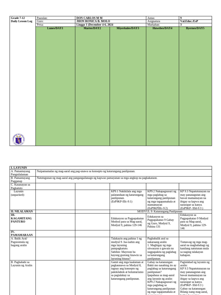 Q3 DLL Esp9 W1 | PDF