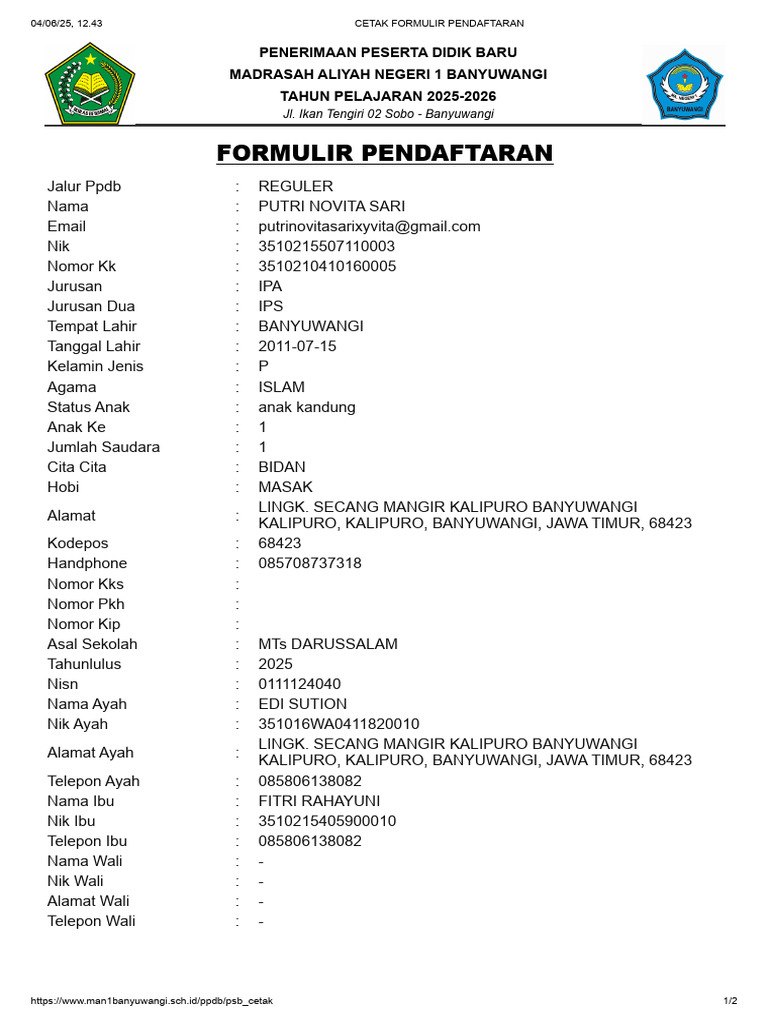 Cetak Formulir Pendaftaran PPDB 2025 | PDF