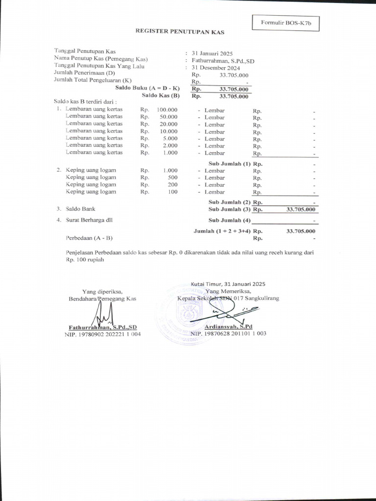Register Penutupan Kas Per Bulan Januari-Juni | PDF
